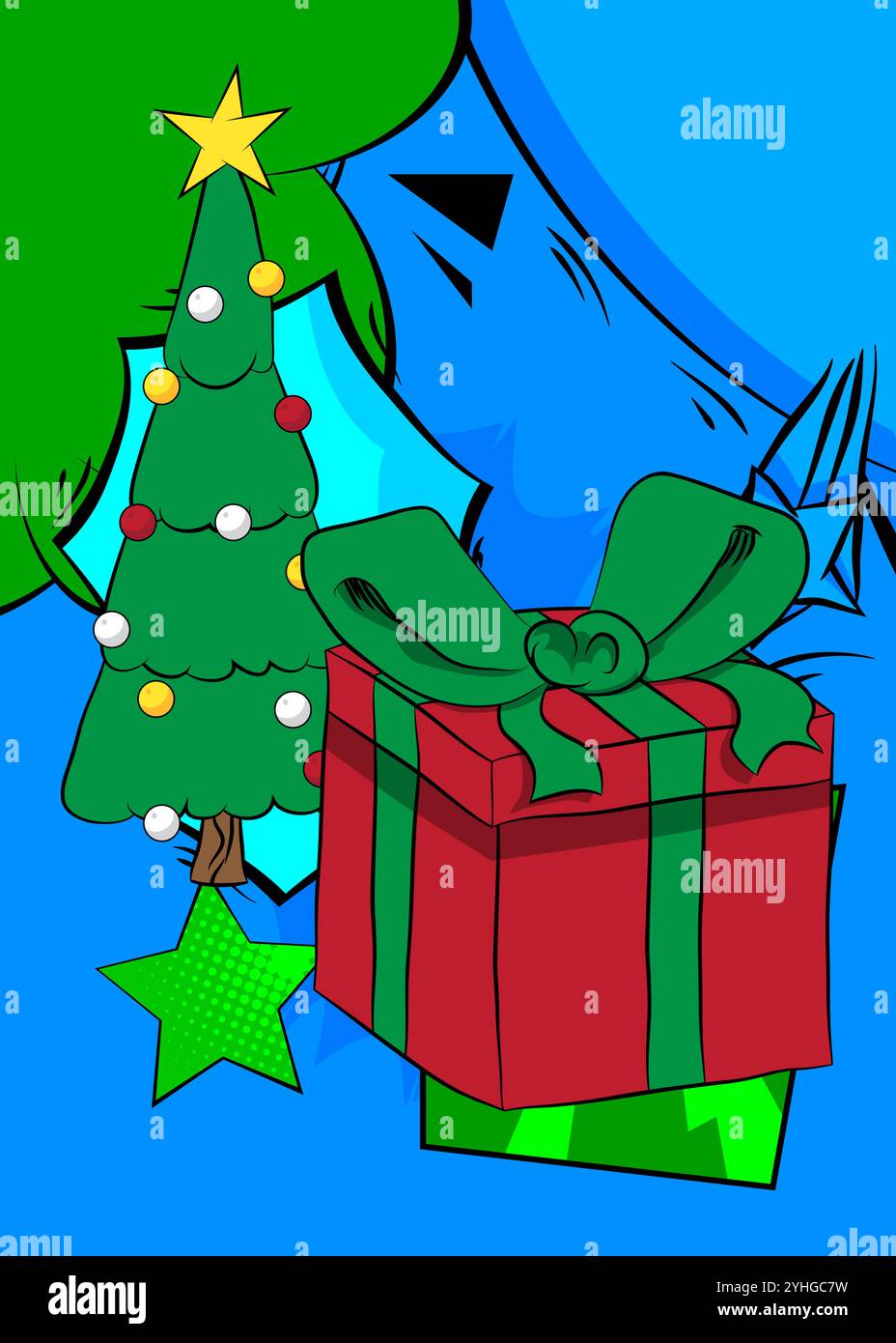 Cartoon Gift Box and Christmas decorated pine tree, comic book holiday ...