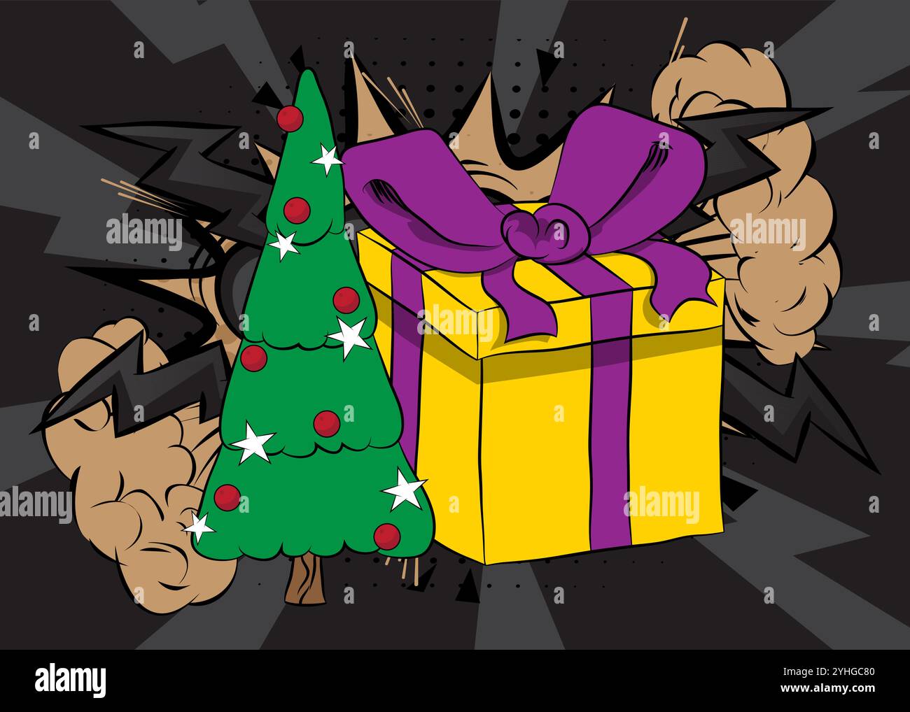 Cartoon Gift Box and Christmas decorated pine tree, comic book holiday ...
