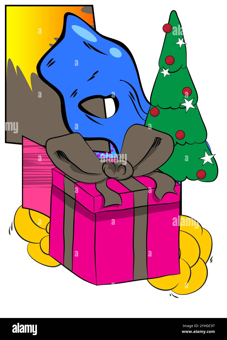 Cartoon Gift Box and Christmas decorated pine tree, comic book holiday ...