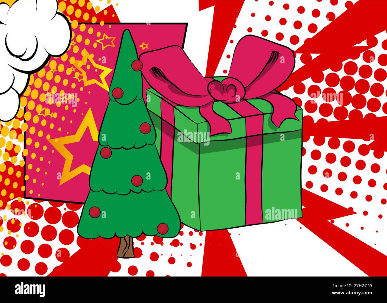 Cartoon Gift Box and Christmas decorated pine tree, comic book holiday ...