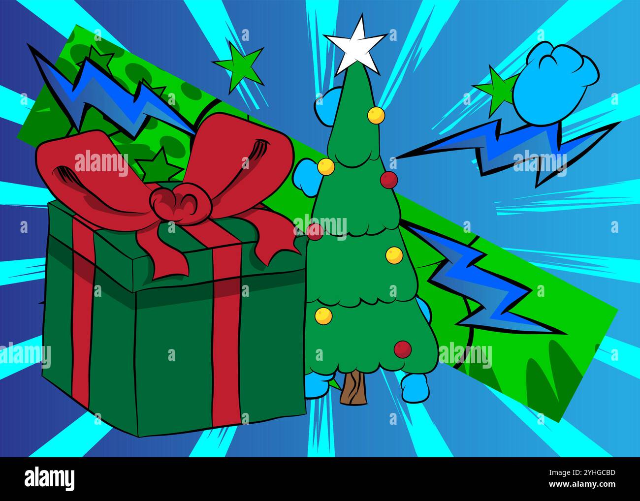 Cartoon Gift Box and Christmas decorated pine tree, comic book holiday ...