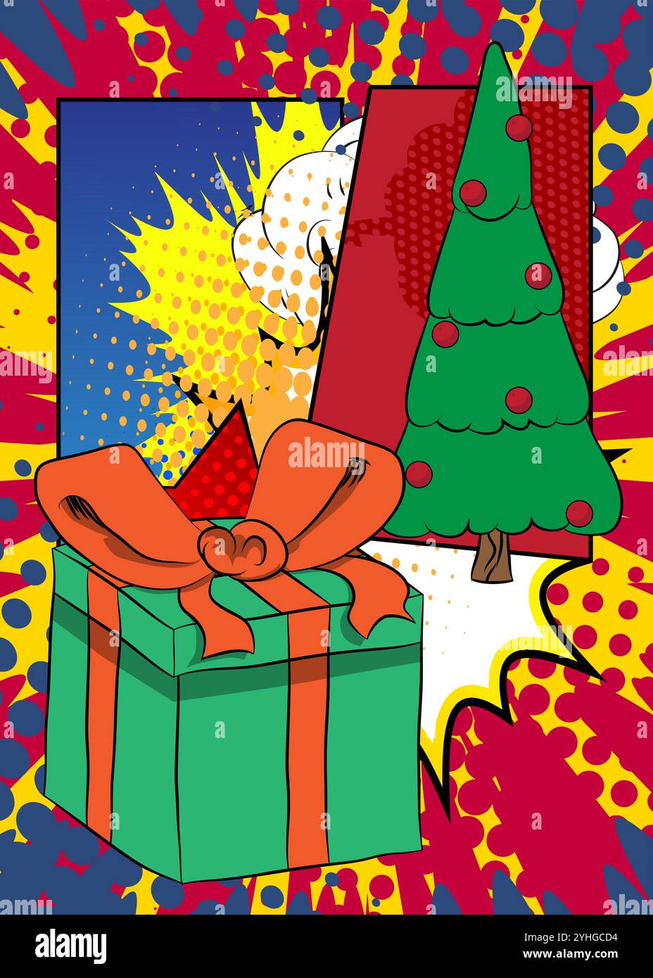 Cartoon Gift Box and Christmas decorated pine tree, comic book holiday ...