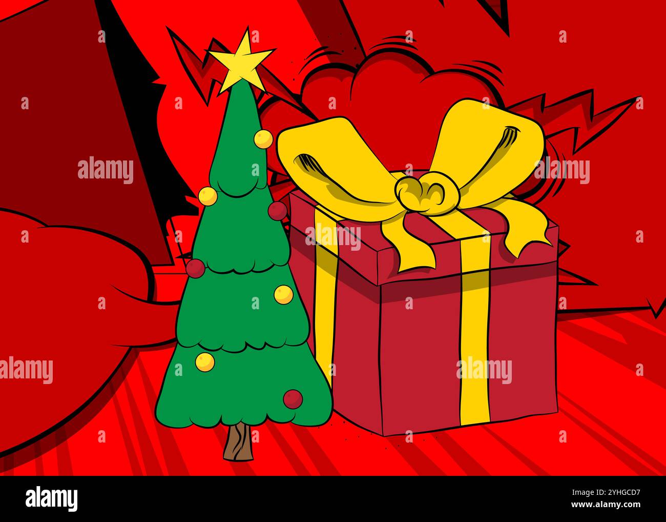 Cartoon Gift Box and Christmas decorated pine tree, comic book holiday ...