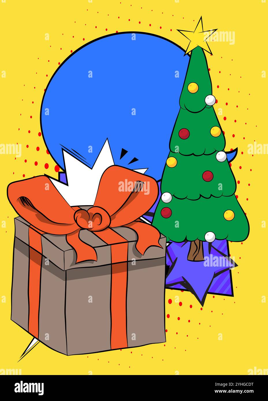 Cartoon Gift Box and Christmas decorated pine tree, comic book holiday ...