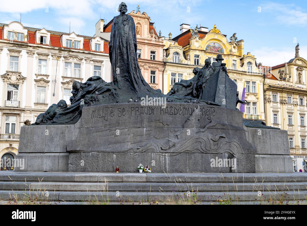 Prague old town square Jan Hus memorial statue depicts victorious ...