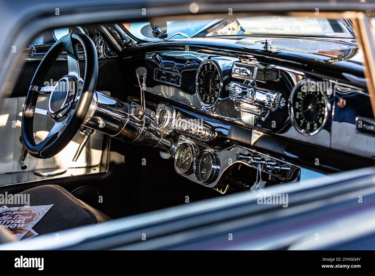The modified instrument panel of a classic 1950 Hudson automobile seen ...