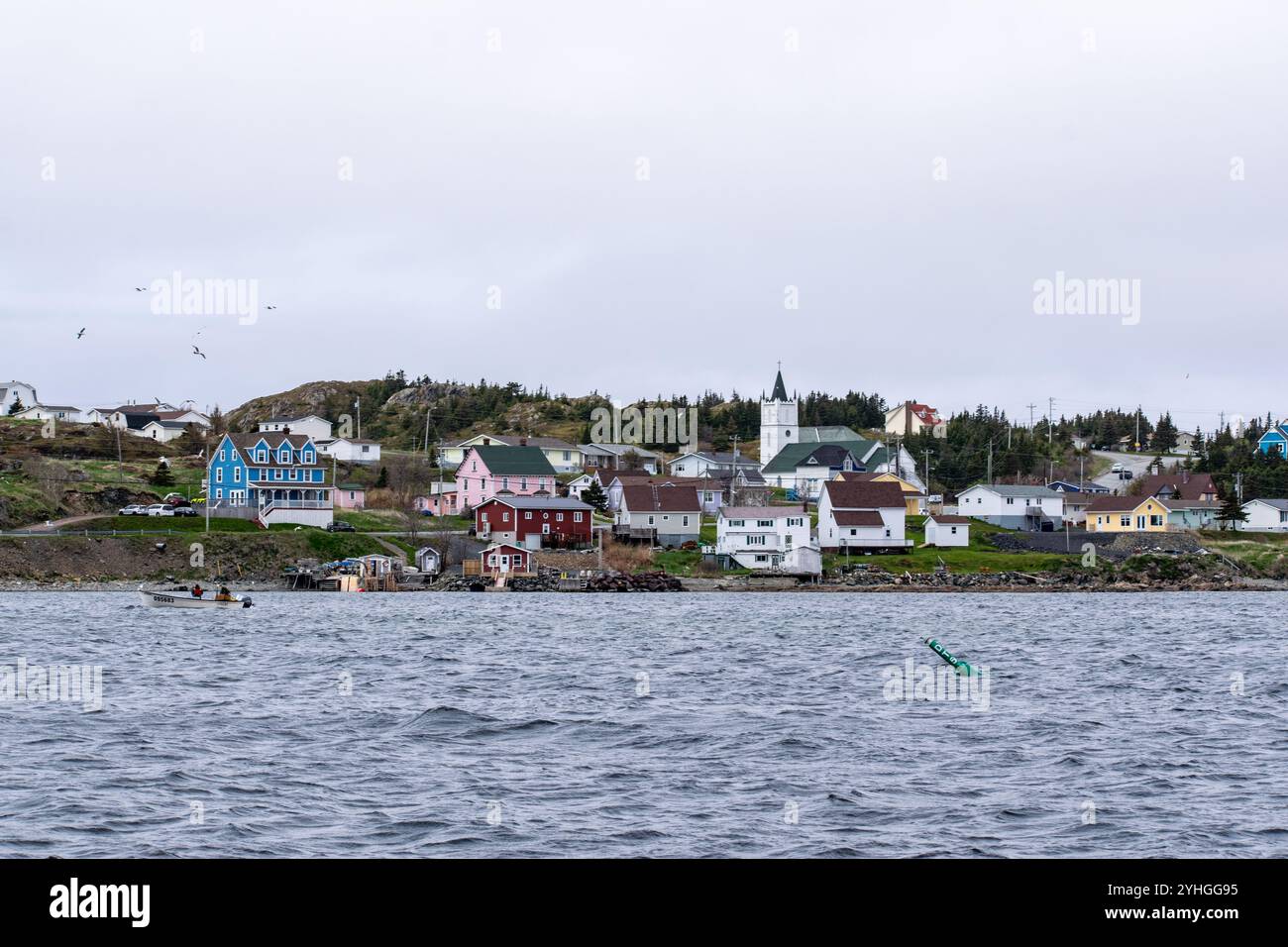 A picturesque coastal Newfoundland town viewed from the ocean, with its ...
