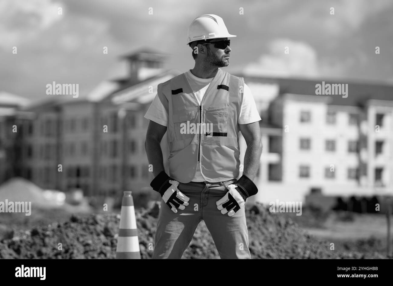 Construction builder in building uniform on buildings construction ...