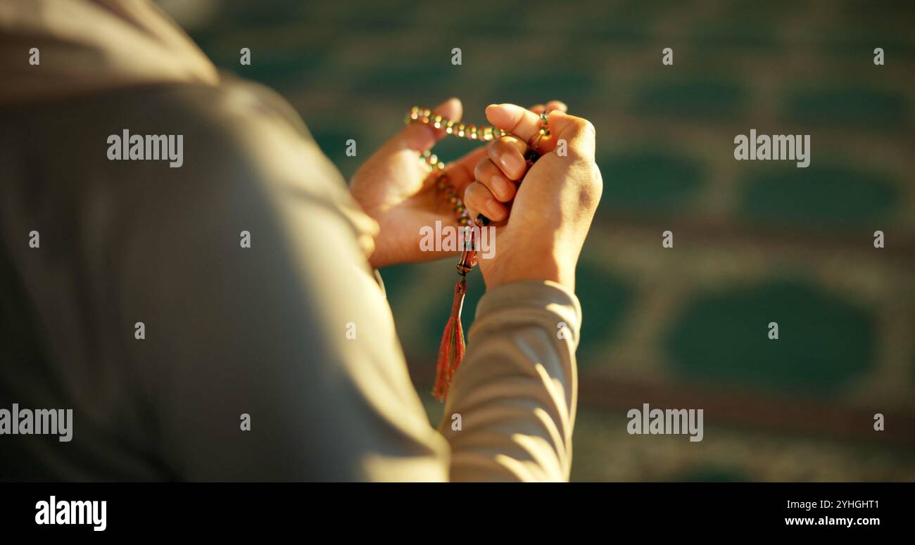 Muslim person, mosque or hands with beads praying for Palestine ...