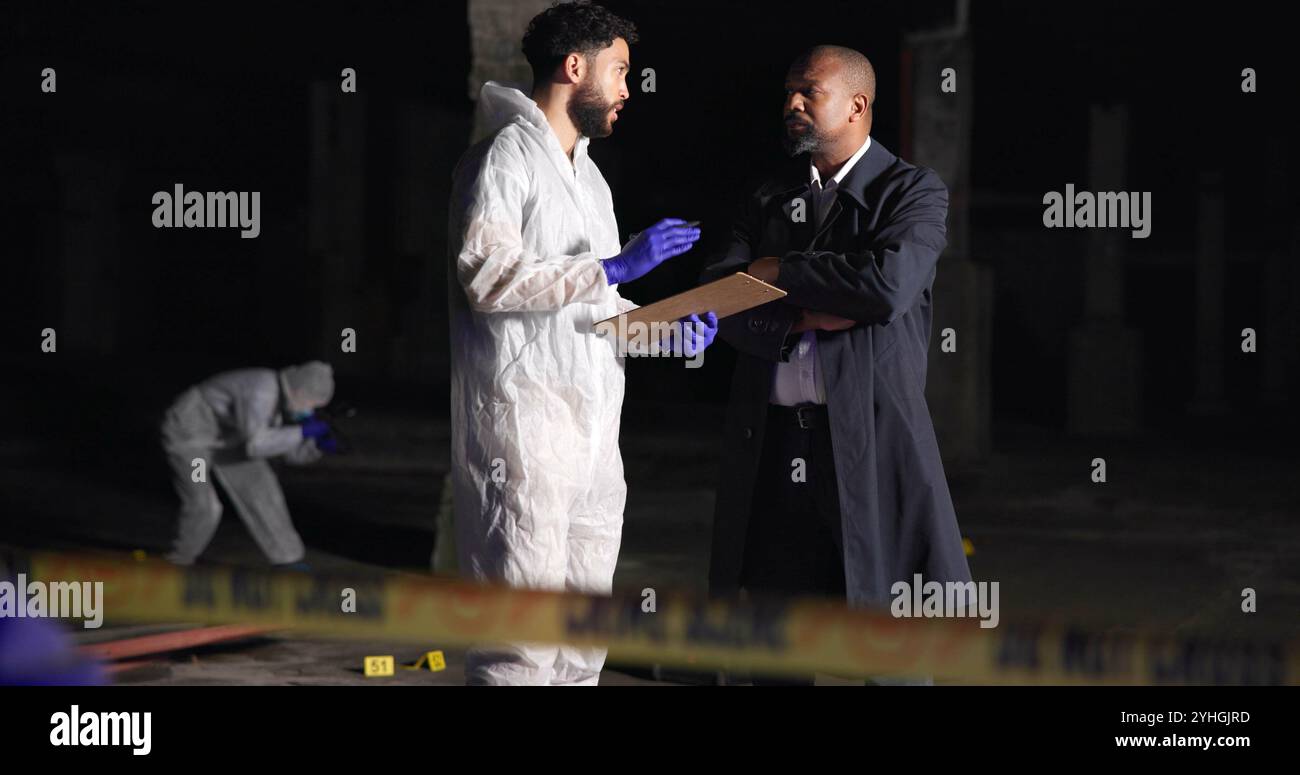 Forensics team, men and discussion at crime scene for investigation ...