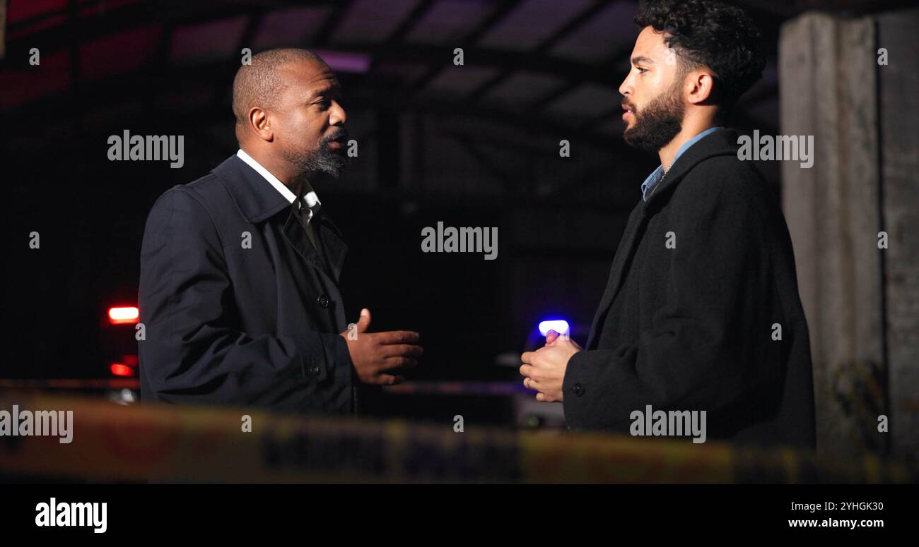 Investigation, detective and police in discussion at crime scene for ...