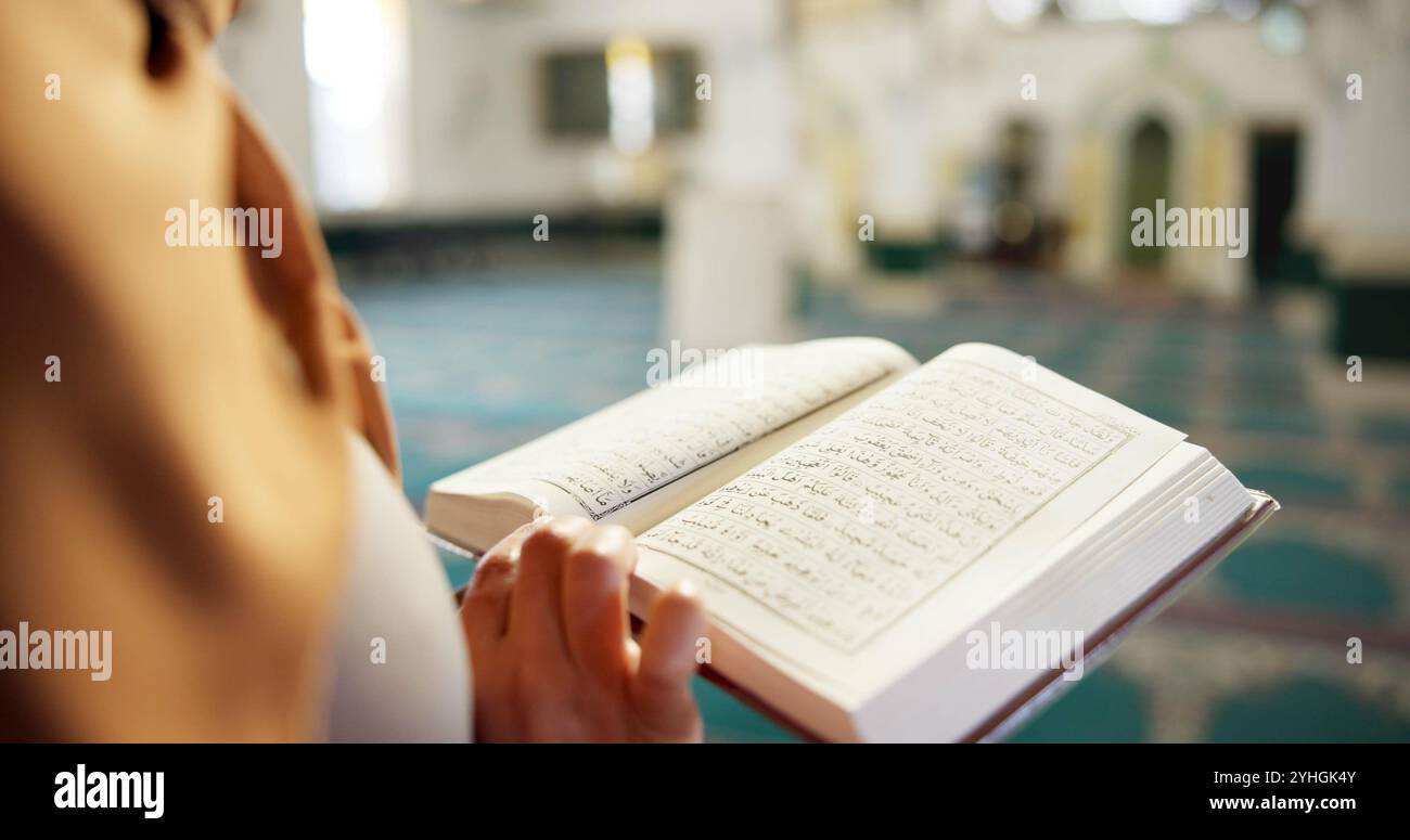 Muslim woman, hands and arabic with quran or book of allah at mosque ...