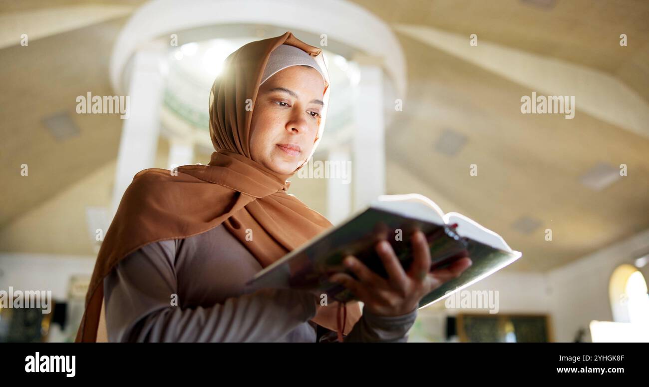 Muslim woman, reading and mosque with quran or holy book for recitation ...