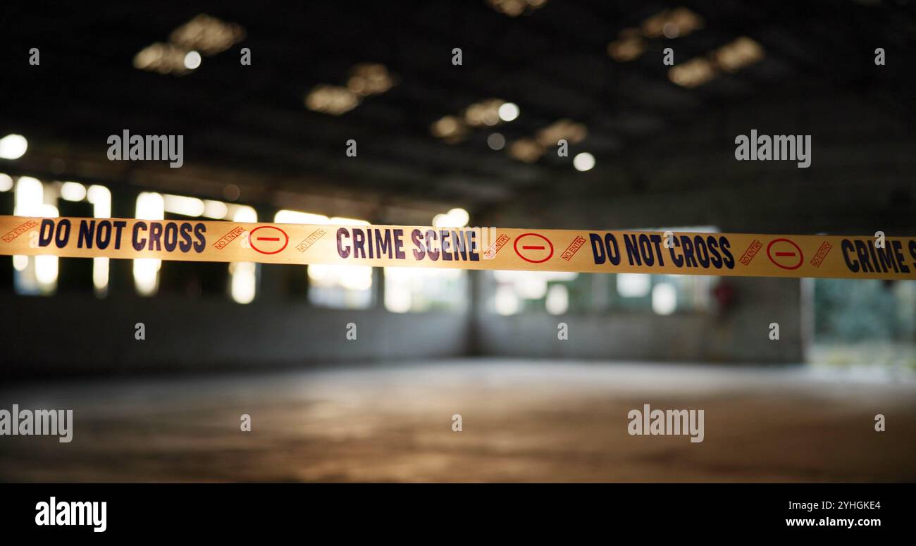 Crime scene, police tape and evidence in building for investigation ...