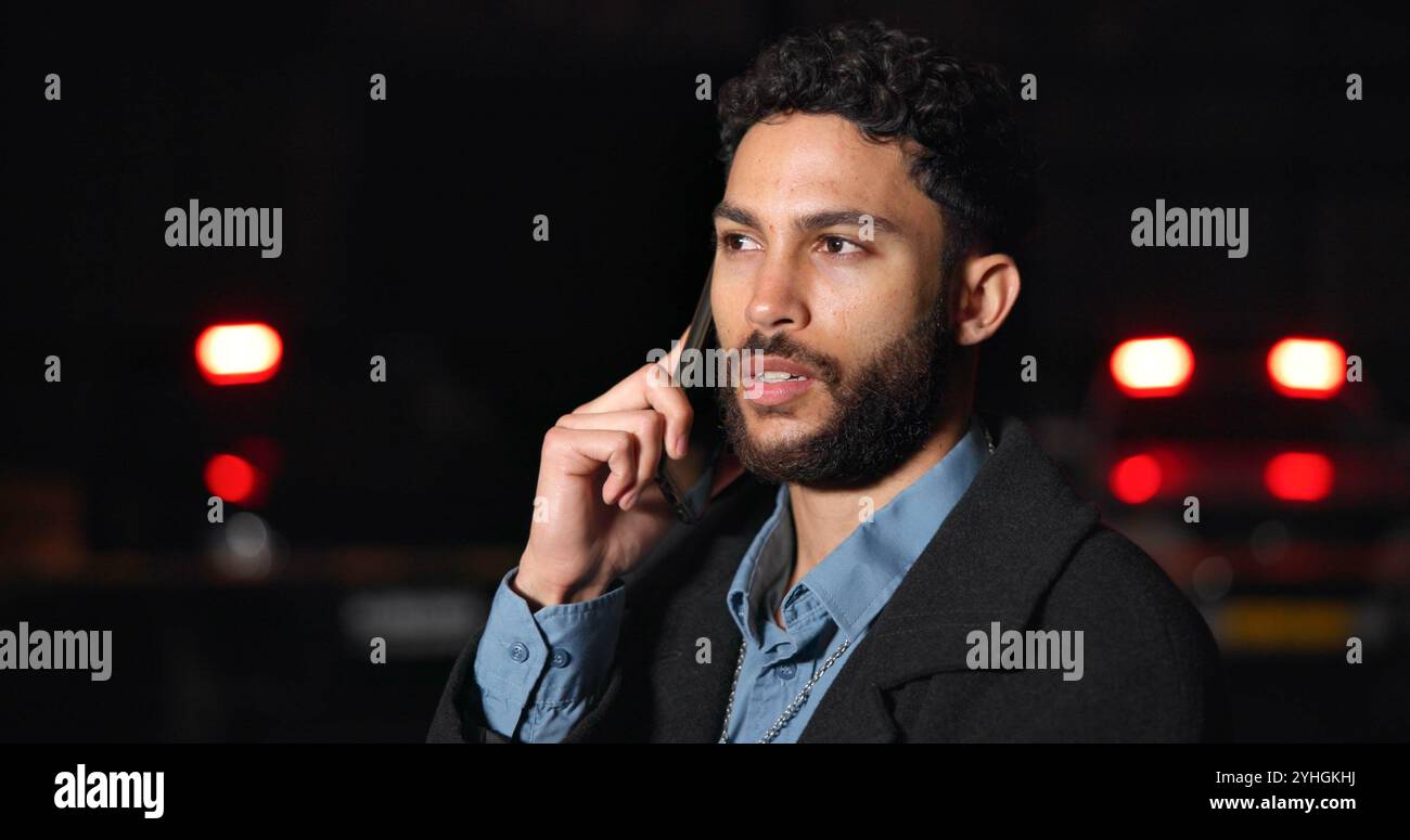 Police, man and talking with phone call for communication, crime scene ...