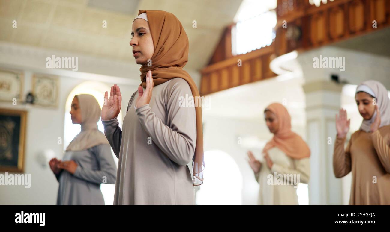 Islam, praying and religion with woman in mosque to praise or worship ...
