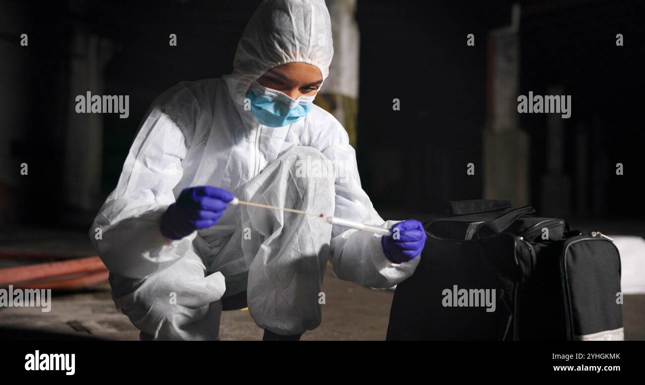Woman, swab and expert investigation at crime scene, blood sample and ...