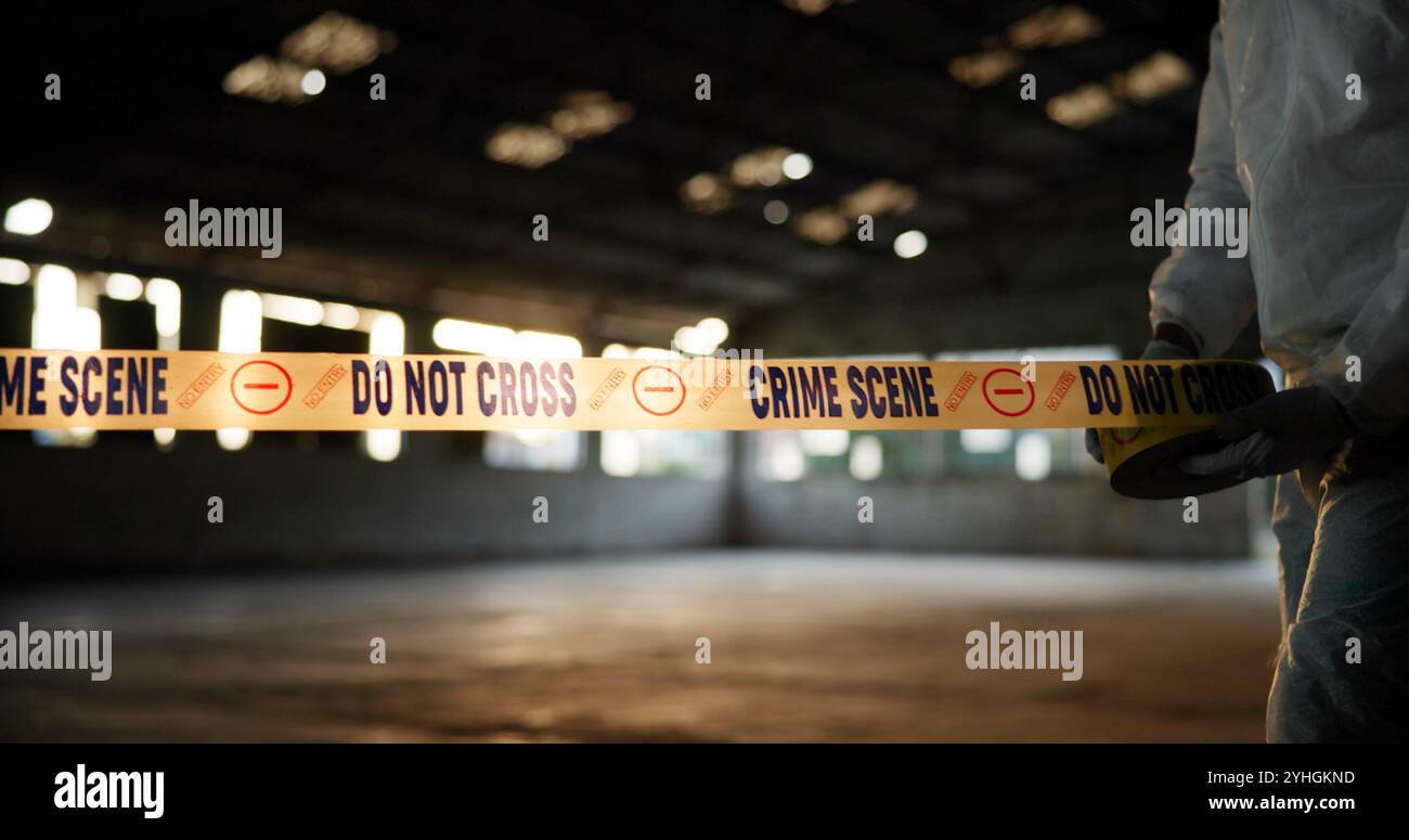 Person, detective and police tape of crime scene with caution for ...