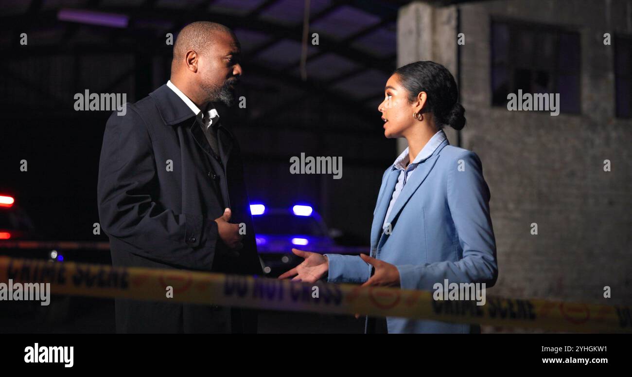 Inspection, detective and police in discussion at crime scene for ...