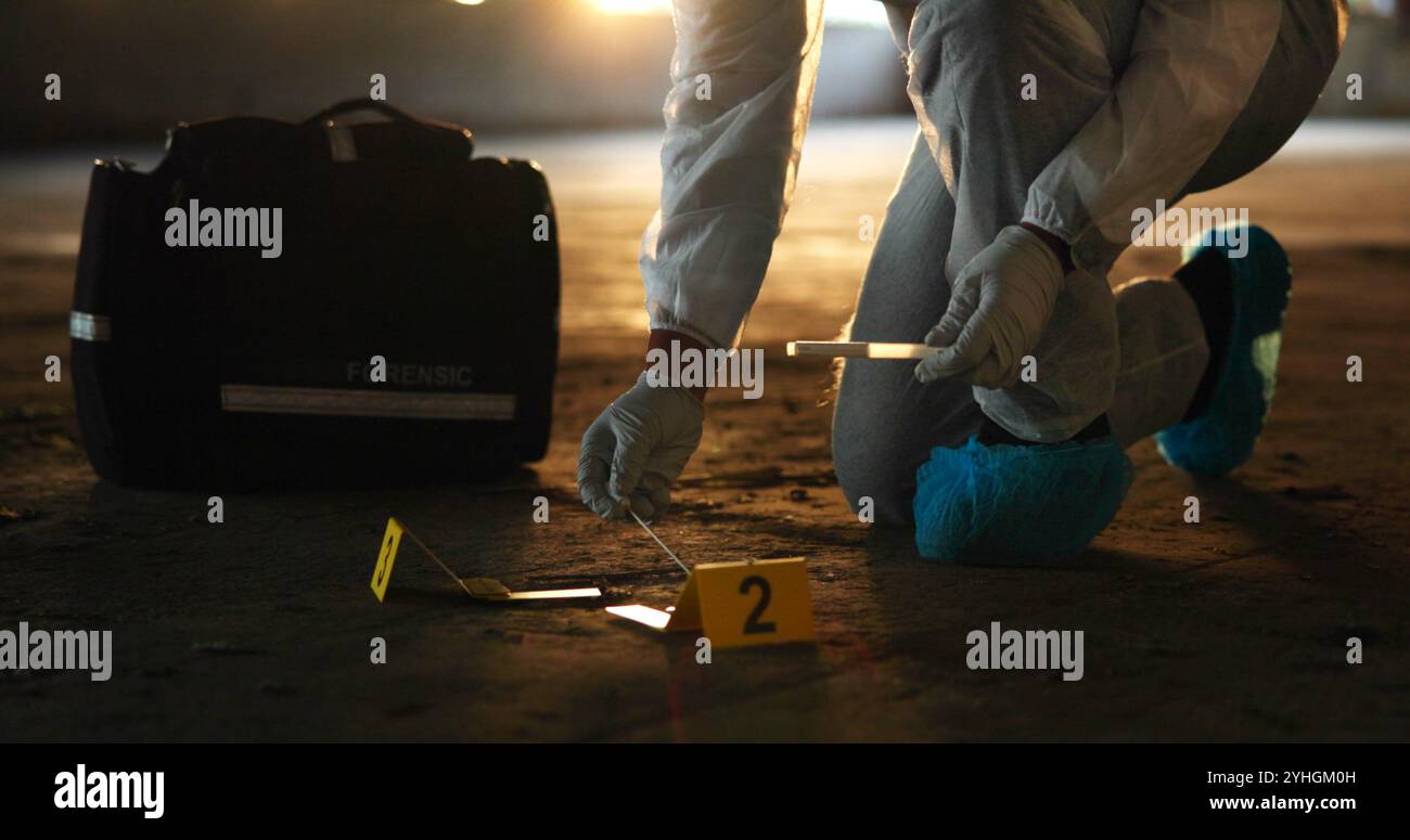 Crime scene, person and hands with swab for evidence, DNA sample and ...