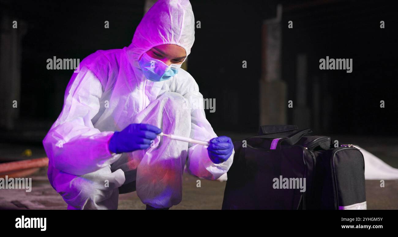 Woman, swab and dna investigation at crime scene, blood sample and ...