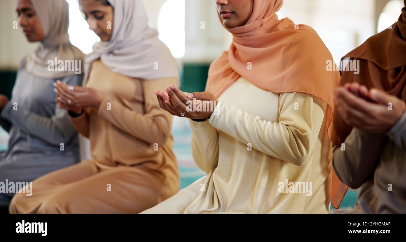 Muslim, prayer hands or people in mosque to worship for Palestine, gratitude and support to ...