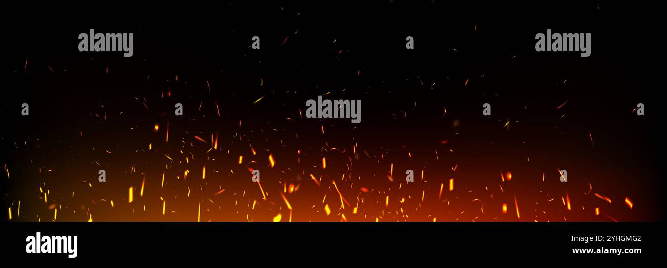 Fire sparks floating upward on dark background. Glowing orange embers ...