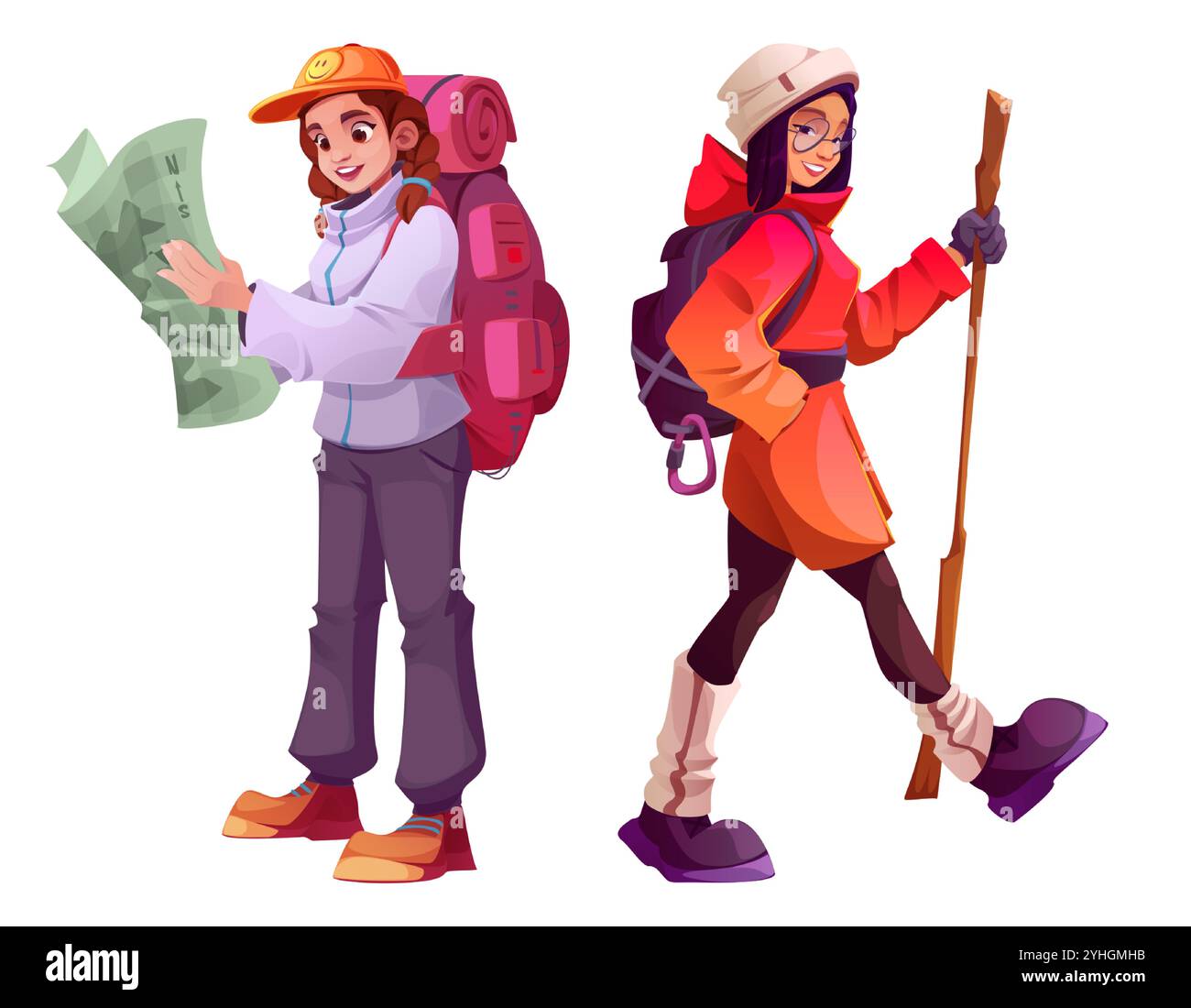 Female hikers isolated on white background. Vector cartoon illustration ...