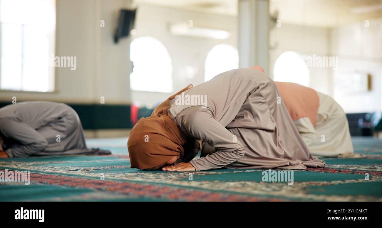 Islamic, bow or women in mosque praying for Palestine, gratitude and ...