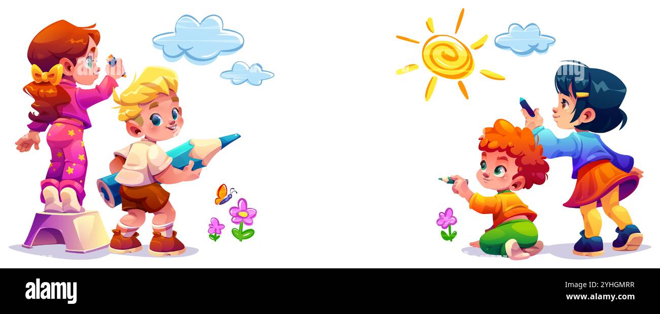 Playful cartoon kids drawing with crayon together on wall. Cute happy ...