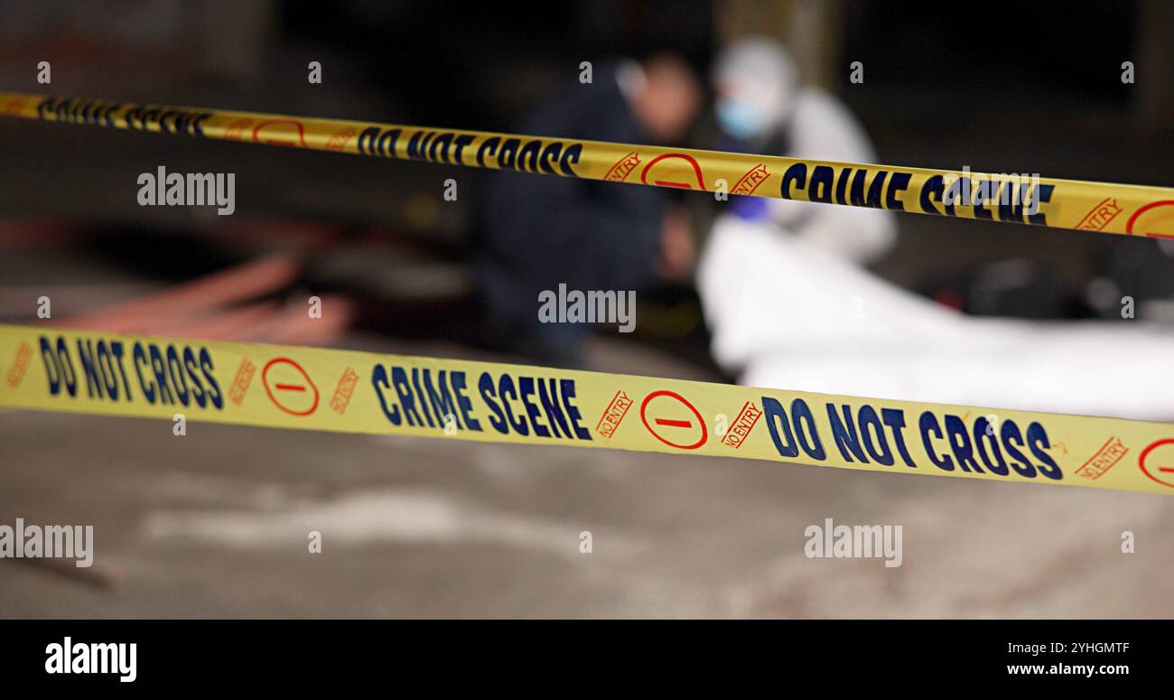 Crime scene, police tape and murder in building for investigation with ...