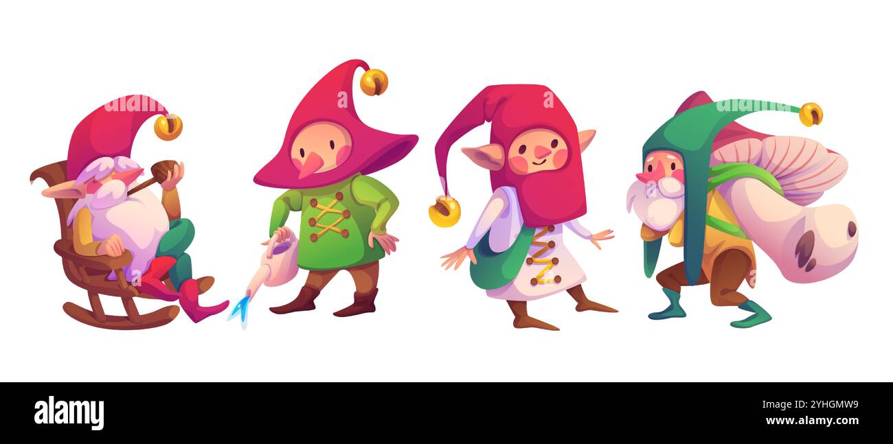 Cute garden gnomes set isolated on white background. Vector cartoon ...
