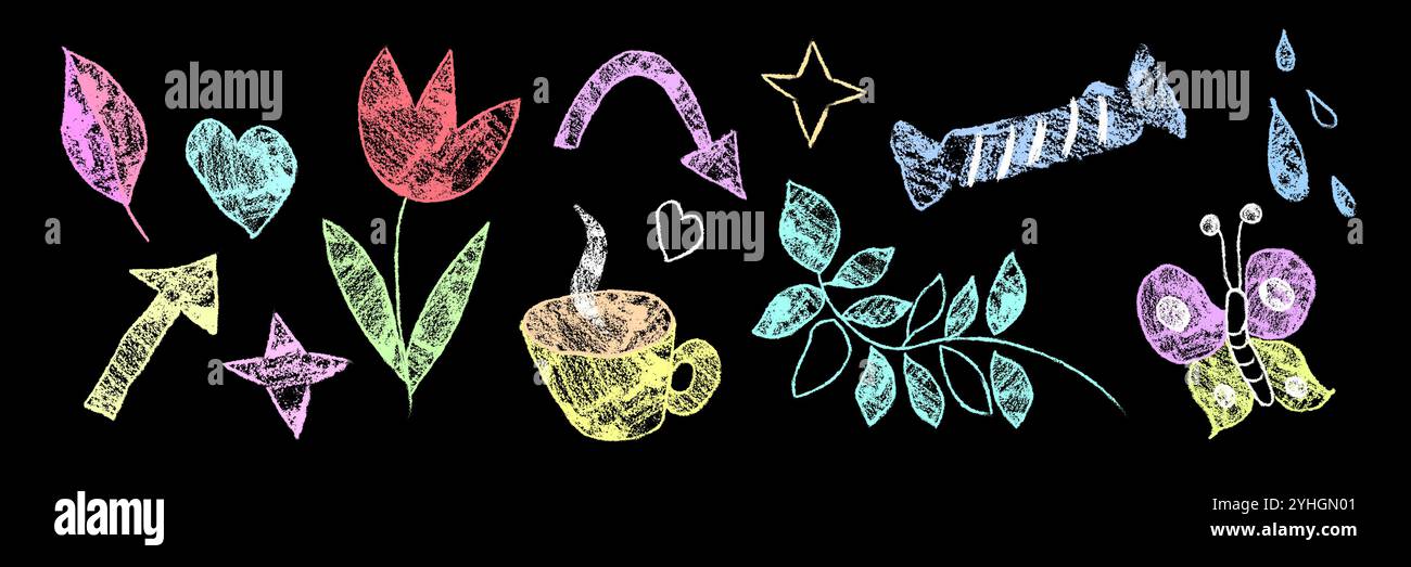 Childish crayon sketches set isolated on black background. Vector ...