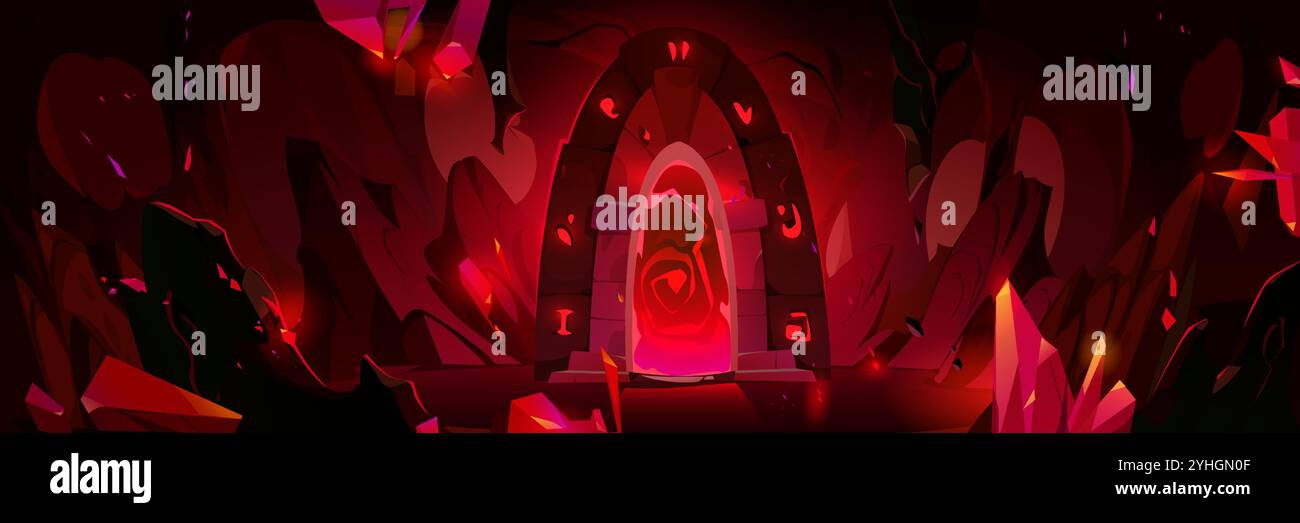 Mysterious glowing red portal in dark crystalline cave formation ...