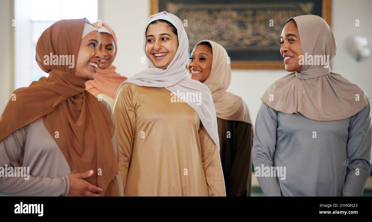 Smile, talking or Muslim woman in mosque to worship for Palestine ...