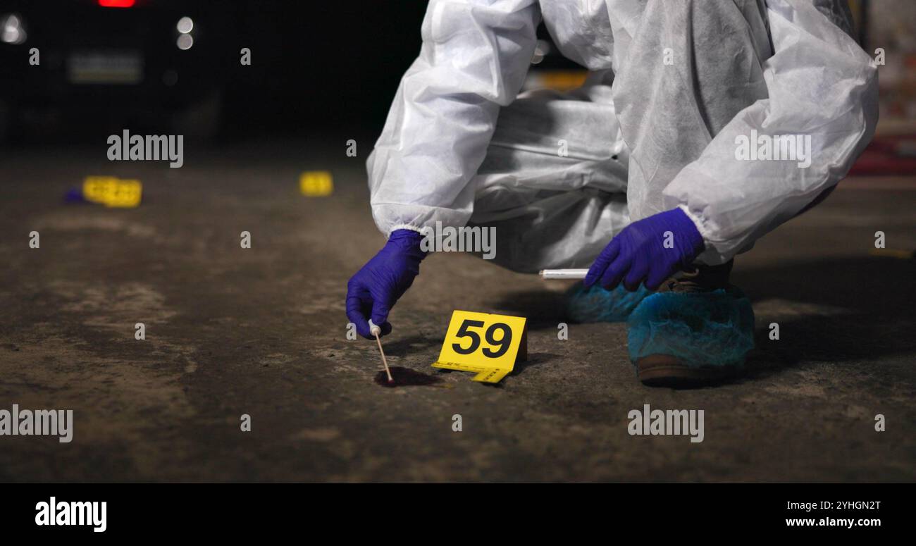 Person, swab and hands in investigation at crime scene, blood sample ...