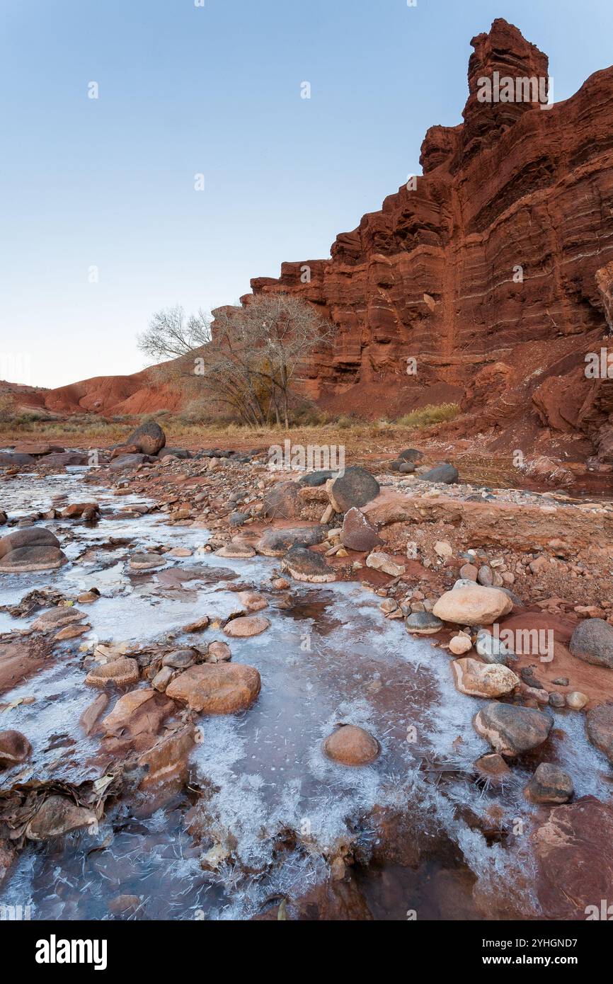 An icy section of Sulfur Creek frozen below the base of the Waterpocket ...
