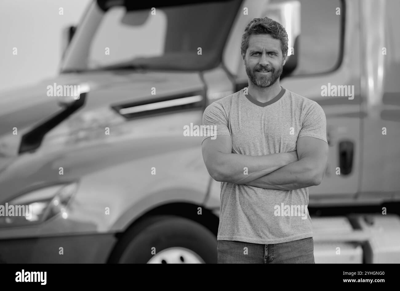 Men driver near lorry truck. Man owner truck . Serious middle aged man ...