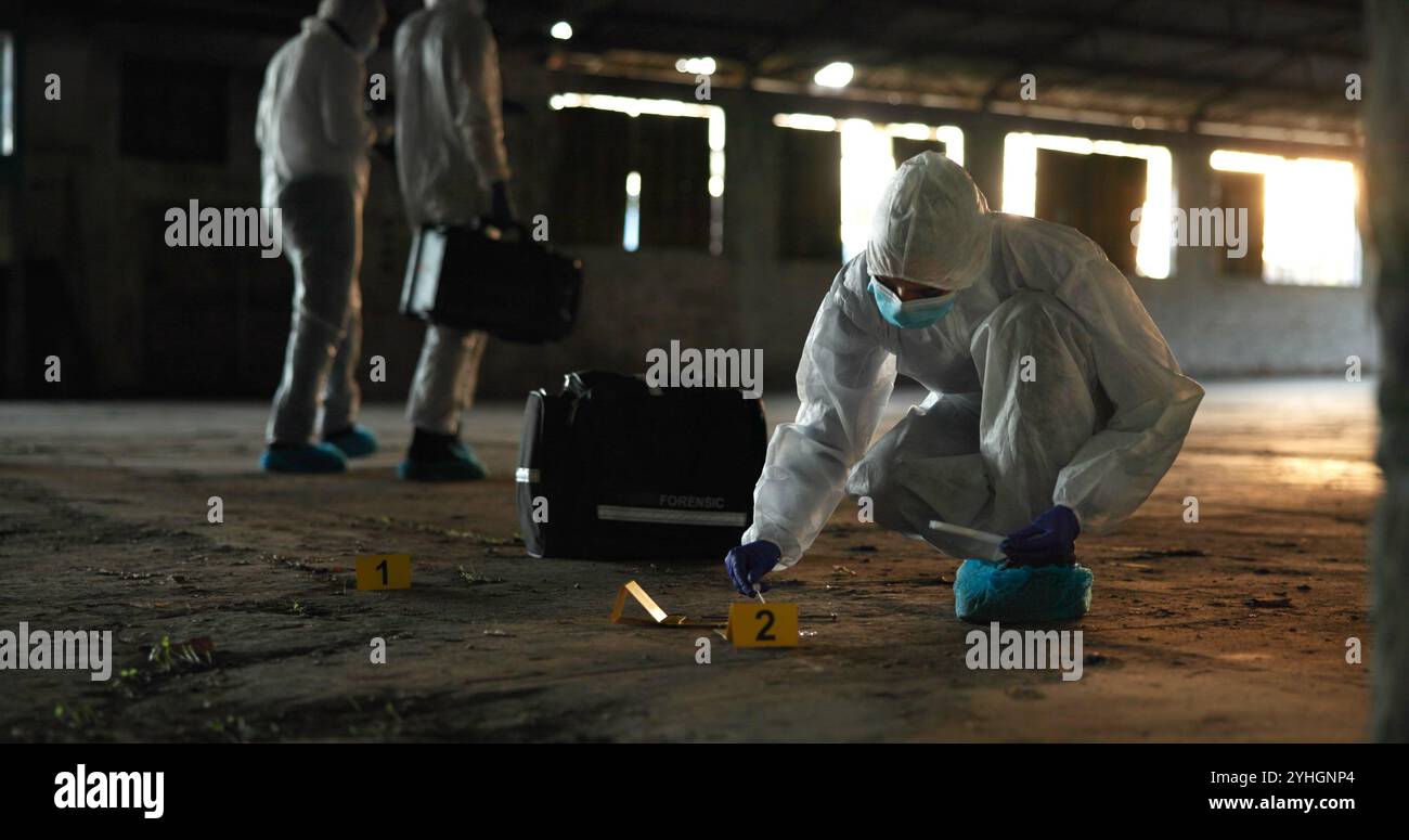Crime, people and forensics at scene with swab, evidence and DNA sample ...