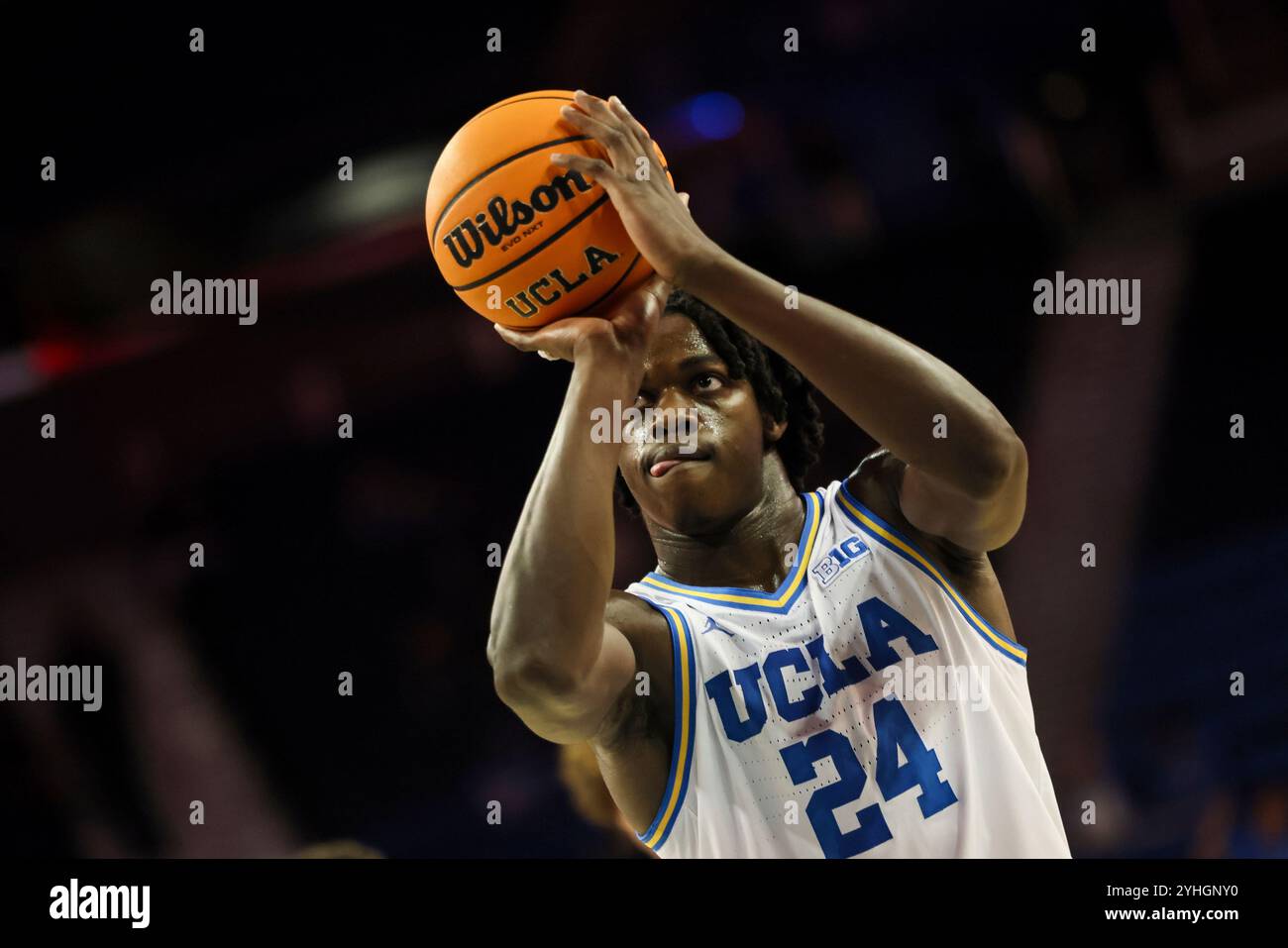UCLA's William Kyle III shoots a free throw during the second half of an NCAA college basketball ...
