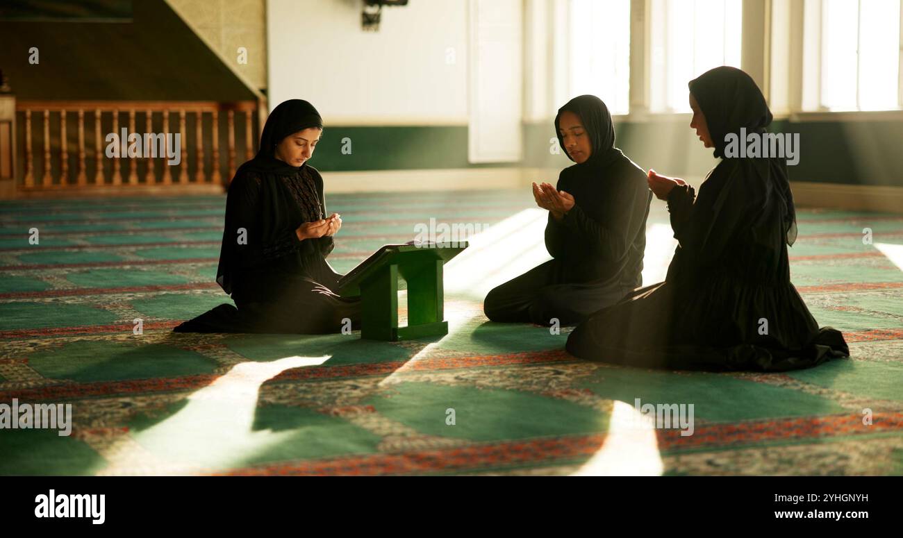 Muslim women, mosque or praying to worship for Palestine, gratitude or ...