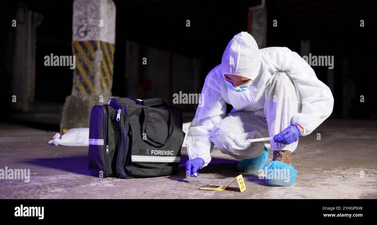 Person, swab and test at crime scene, blood sample and discovery of dna ...