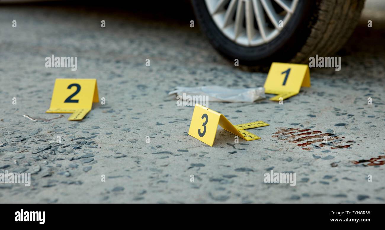 Crime scene, evidence and investigation with number label for forensic ...