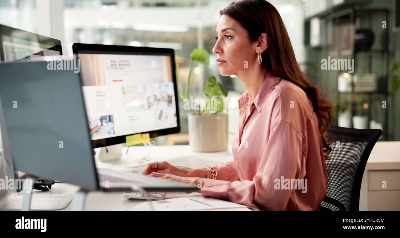Ideas, computer and business woman with thinking, notes and creative ...