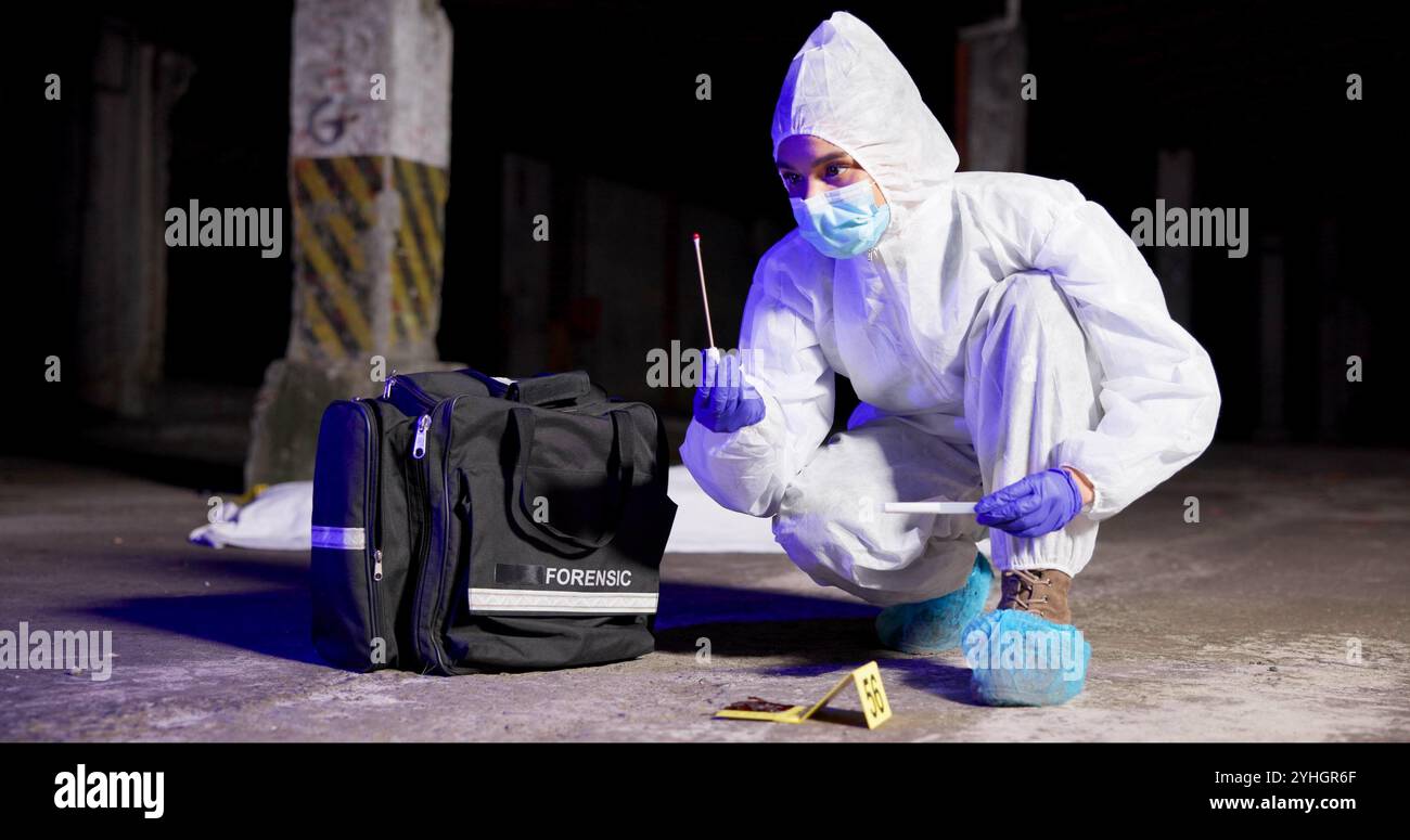 Woman, swab and forensics investigation at crime scene, blood sample ...