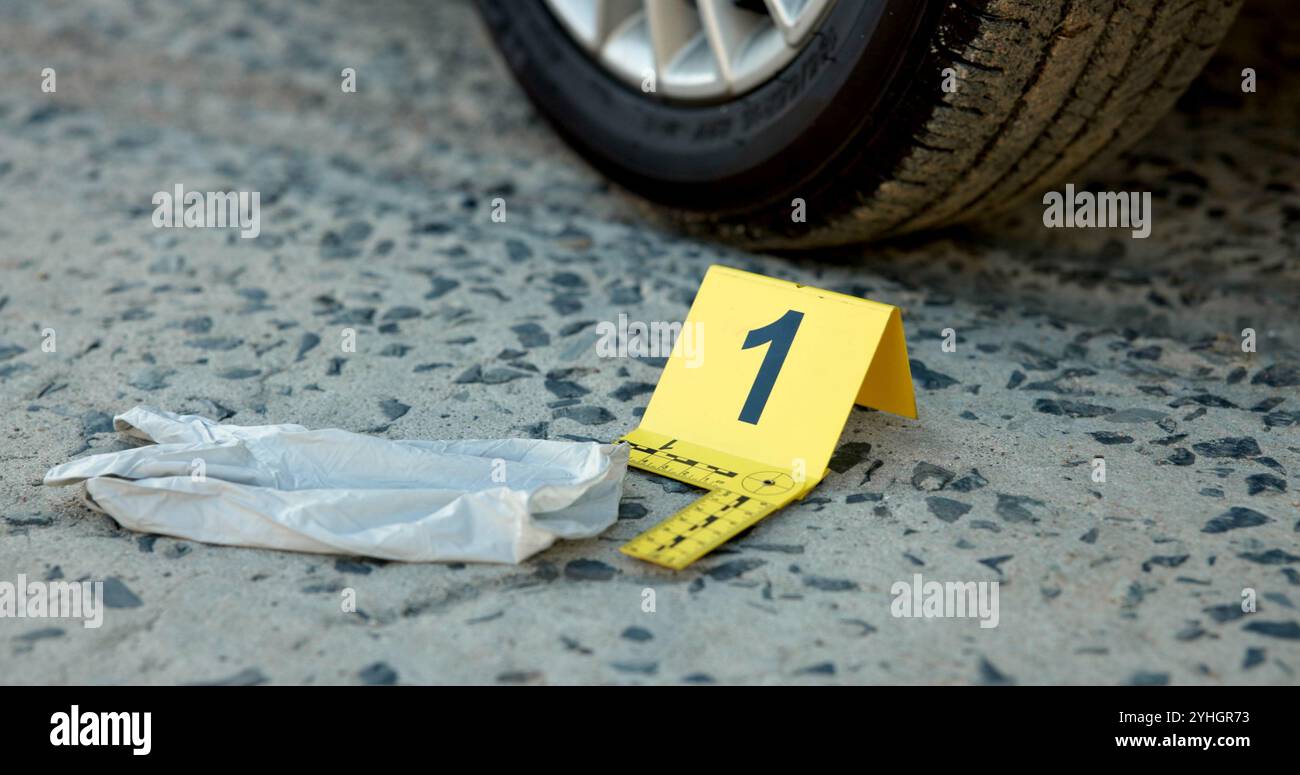 Crime scene, evidence and investigation with number label for forensic ...