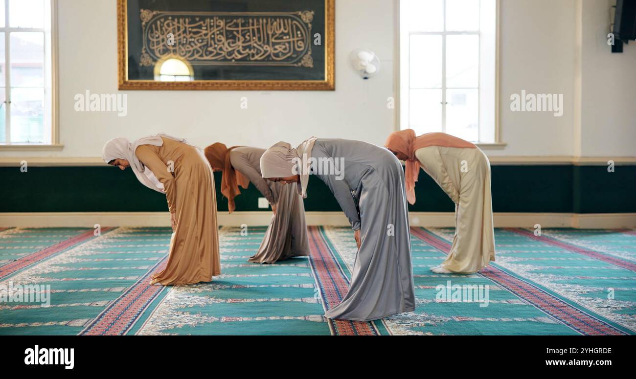 Islamic prayer, bow and women in mosque for Palestine, gratitude and ...