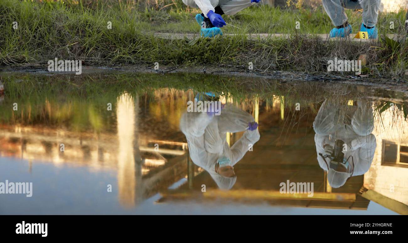 People, forensic and crime scene for evidence by lake outdoor, dna ...