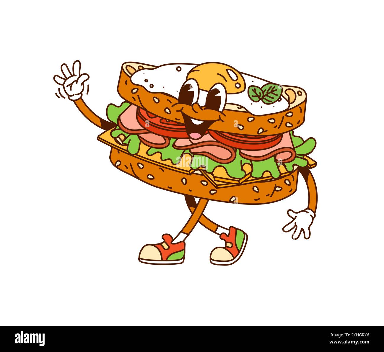 Cartoon groovy egg sandwich fast food character walking and waving hand ...