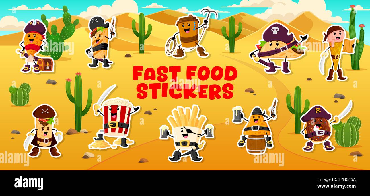 Stickers pack of cartoon fast food pirate characters in a desert ...